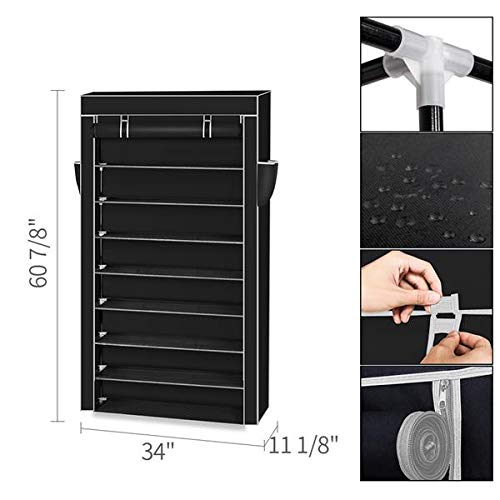 Wekity 10 Tiers Shoe Rack with Dustproof Cover Closet Shoe Storage Cabinet Organizer (Black)