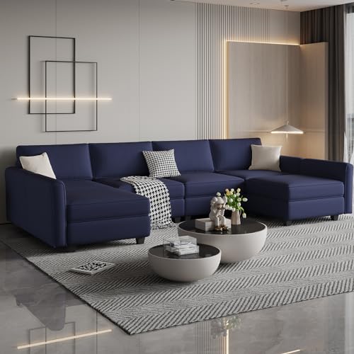DANNRATCH Modular Sectional Sofa U Shaped Convertible Sectional Couch with Reversible Chaise, Sleeper Velvet Modular Couch with Ottomans for Living Room Furniture Sets Navy Blue