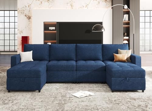Belffin Fabric Modular Convertible Sectional Sofa U Shape Pull Out Couch with Ottomans 6 Piece Sofa Sectional Set Sleeper Couch with Double Reversible Chaises and Storage for Living Room Blue