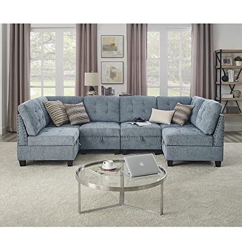 RXRRXY 116'' U Shaped Modular Sectionals Sofa, Chenille Futon Couch for Living Room, Large Sectional Sleeper Sofa with Storage Space, 4 Single Chair and 2 Corner (Navy, U Shaped)