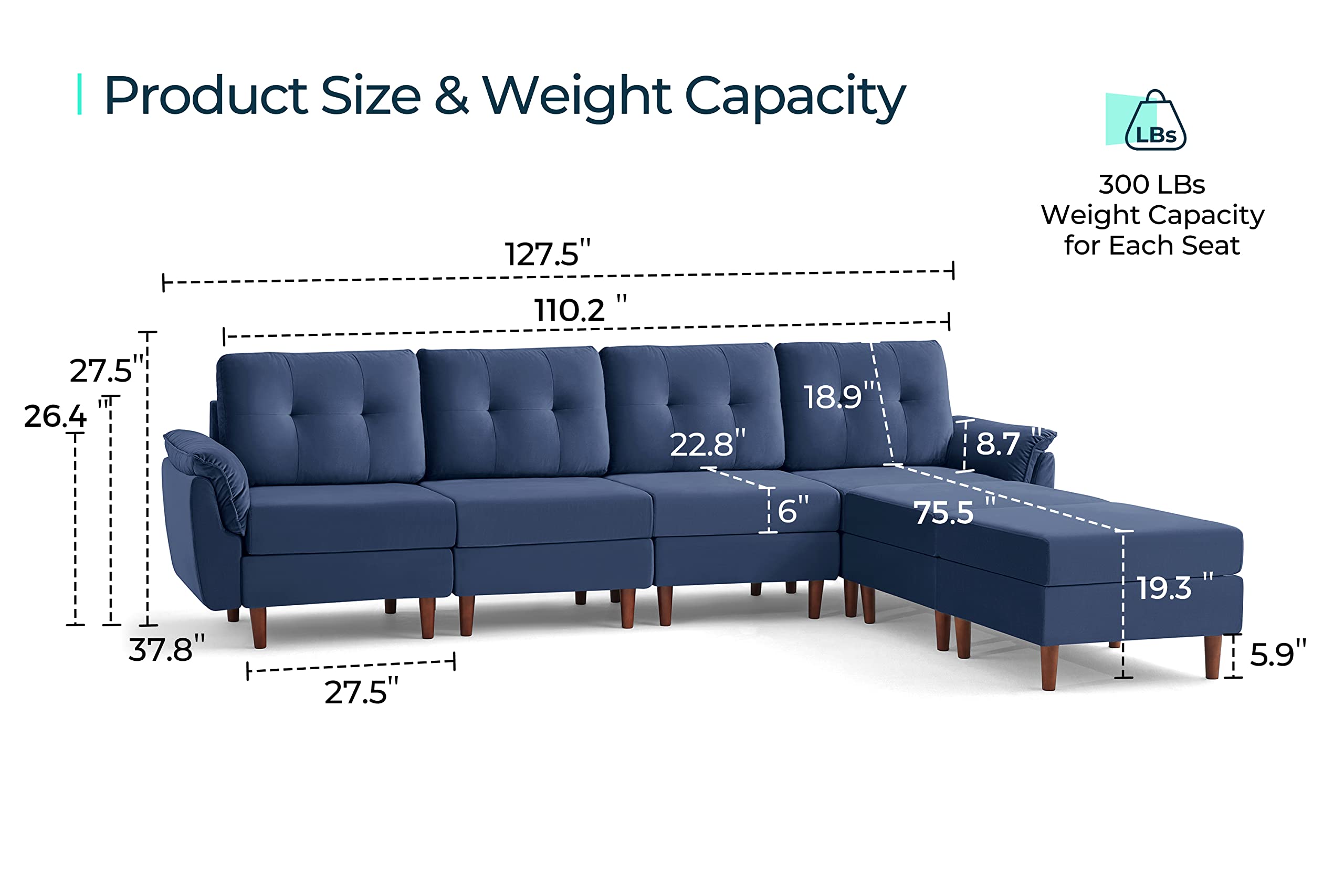 LINSY HOME Modular Sectional Sofa, Velvet Sectional Sofa Couch with Memory Foam, U Shape 6 Seat Modular Sectionals with Ottomans, Sleeper Sofa Couches with Chaise for Living Room, Blue