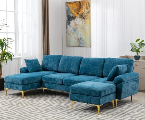 EMKK Chenille Sectional Sofa Modern Couch with Ottoman, Convertible Modular L/U Shaped Sofá with Chaise Sleeper Comfy Upholstered Furniture for Living Room, Apartment, Studio, Office