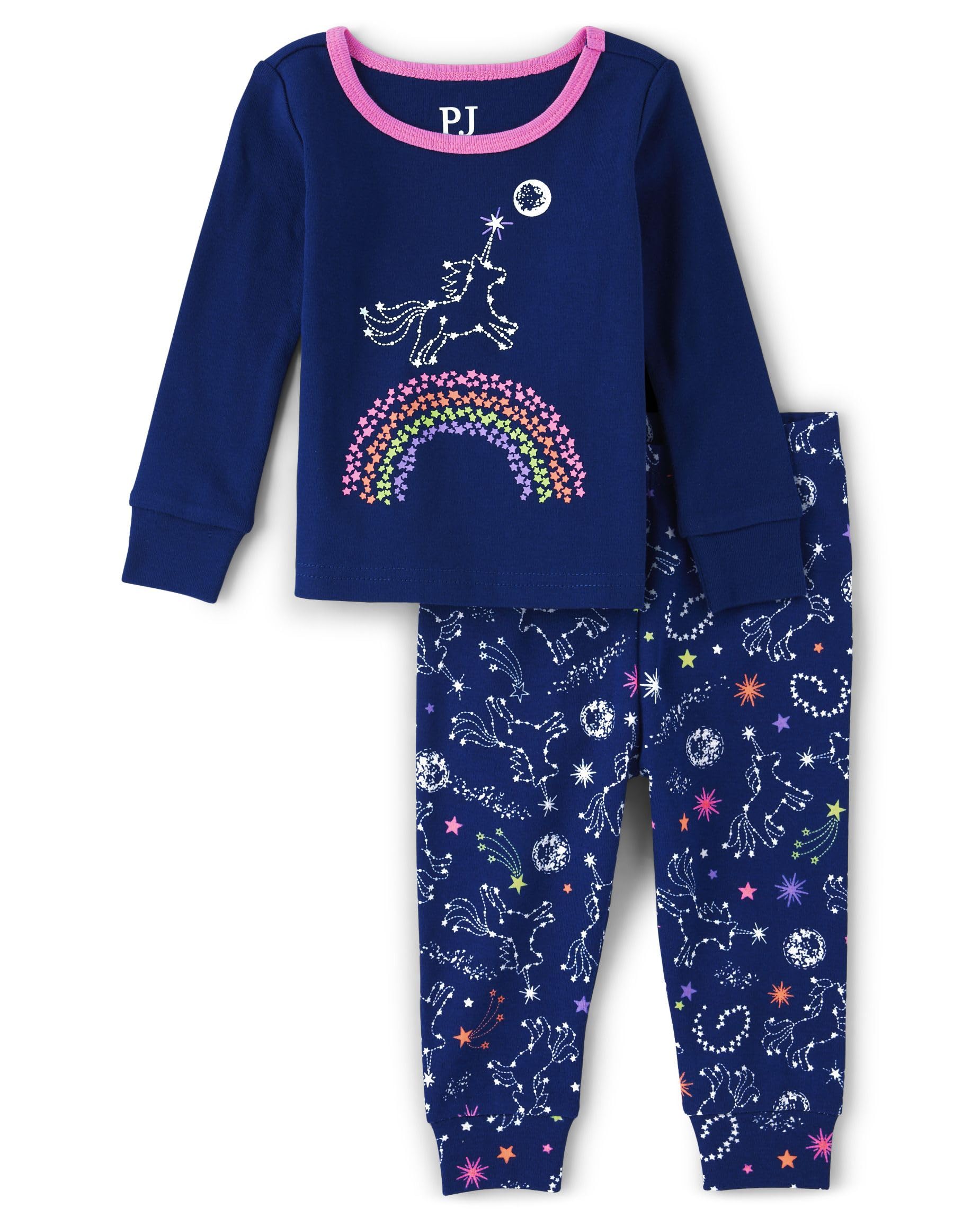 The Children's Place Girls' and Toddler Long Sleeve Top and Pants Snug Fit 100% Cotton 2 Piece Pajama Set, Glow Unicorn-Baby