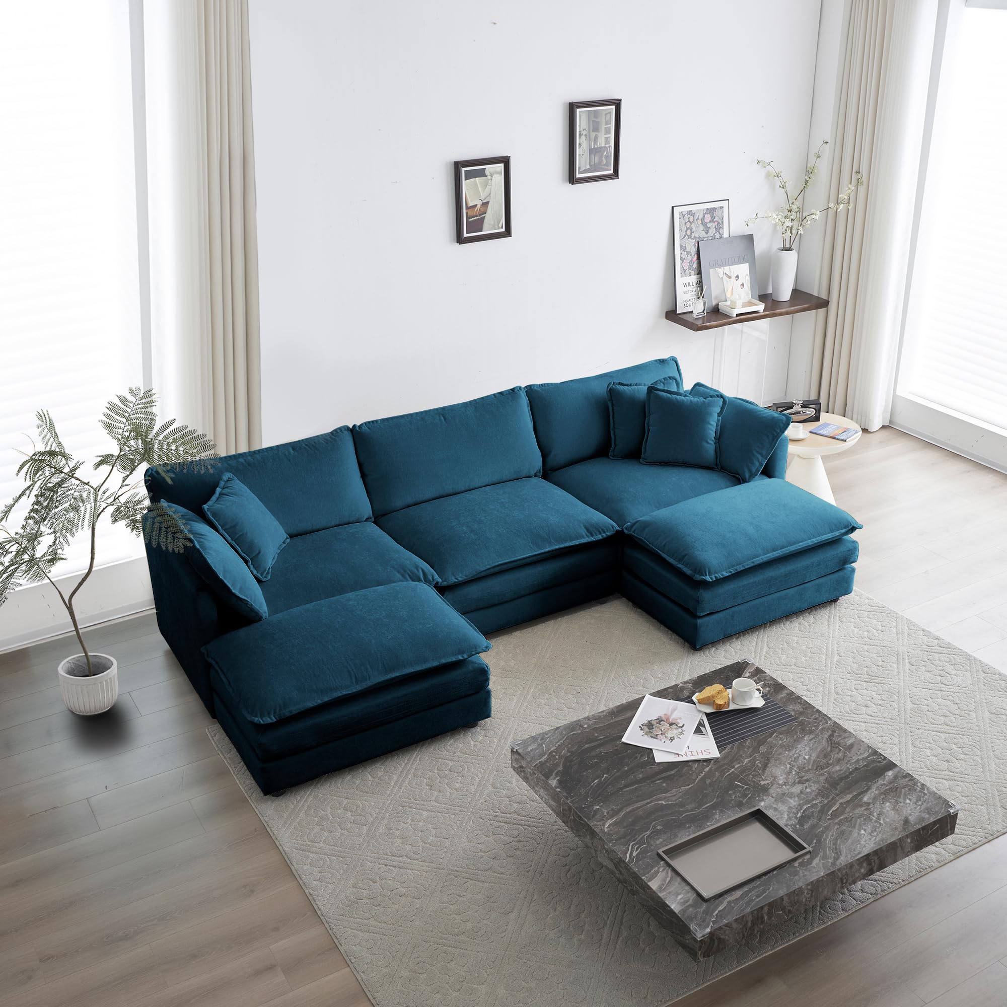 Gooamz 111.5" Oversized U Shaped Sofa, Modern Free Combination Modular Sectional Sofa Couch with 2 Ottomans, 3 Seater Couch with 3 Toss Pillows and 2 Arm Pillows for Living Room, Apartment, Blue