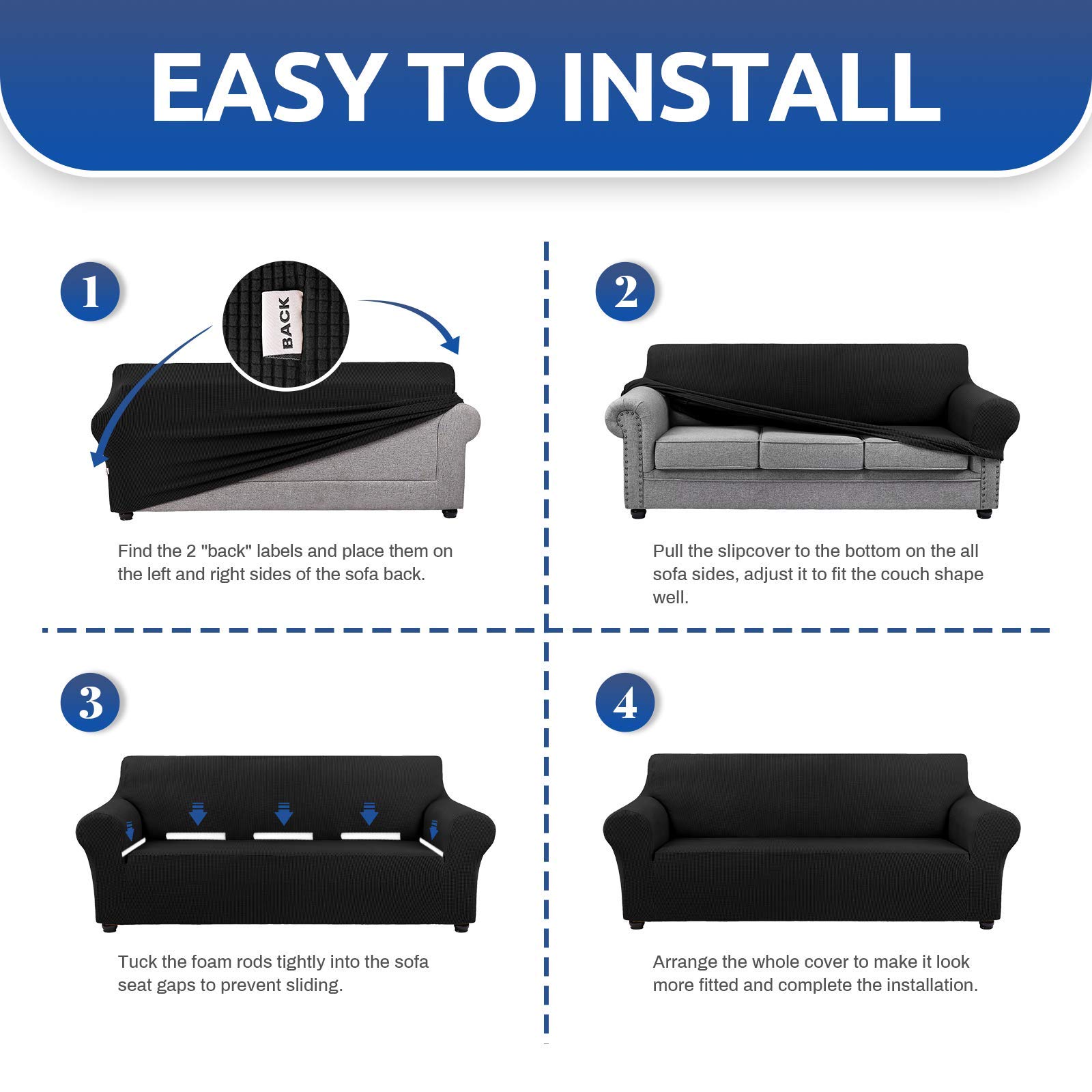 KEKUOU Stretch Loveseat Sofa Cover Slipcover,Couch Covers for 2 Cushion Couch Sofa (55"-79") Furniture Protector Sofa with Elastic Bottom for Kids,Dog. Jacquard Small Checked (Medium,Black)