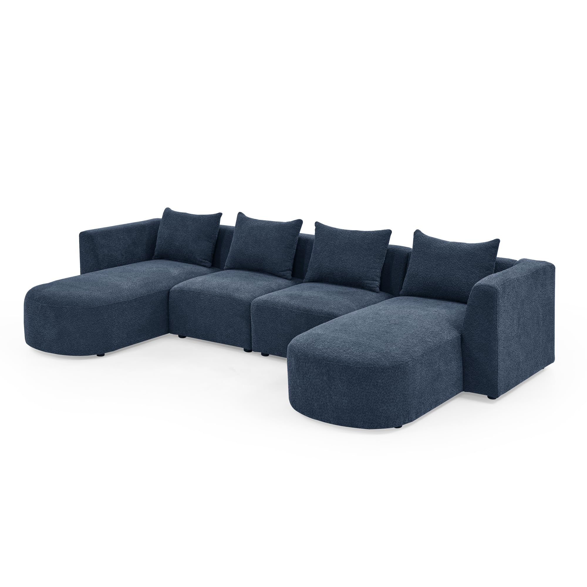 DEINPPA U Shape Modular Sectional Sofa, Minimalist Style Modular Couch, 4 Seat Cushion Couch with 4 Pillows for Living Room/Apartment, Bouclé Fabric, Navy Blue