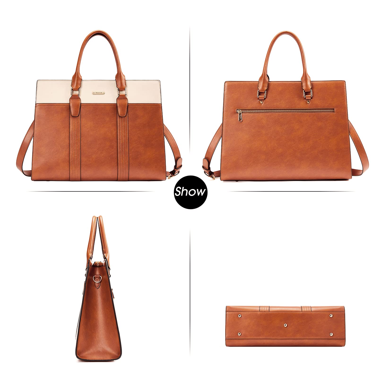Telena Leather Briefcase for Women, 15.6 Inch Laptop Tote Bag Business Work Briefcase, Large Capacity Handbag Bag, Brown and Beige