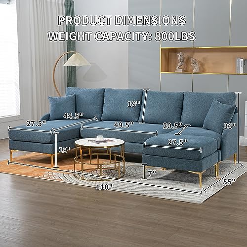 Sudwesto Reversible Sectional Sofa, U-Shape Convertible Sofa Couch, 4-Seat Upholstered Couch with Chaise, Furniture Sets Sectional Couch with Ottoman for Living Room, Apartment, Office (Blue)