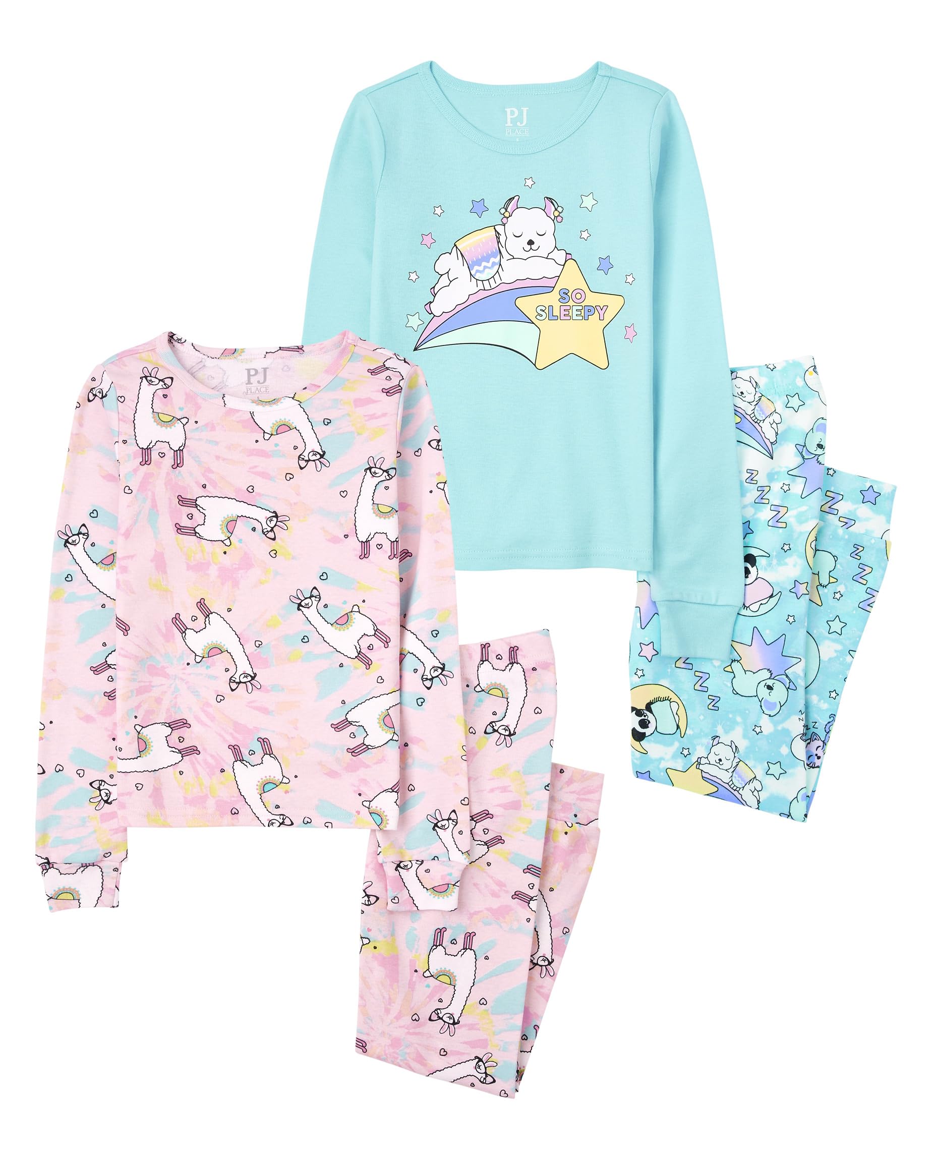 The Children's Place Girls' Long Sleeve Top and Pants Snug Fit 100% Cotton 2 Piece Pajama Sets 2-Pack, So Sleepy/Llama 2 Pack, 8