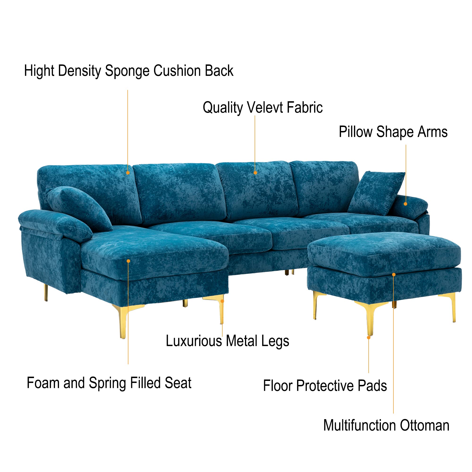 Pvillez Sectional Sofa with Chaise Lounge and Ottoman,Large Convertible Couches Set for Living Room,Plush Fabric L-Shape Couch with Golden Legs