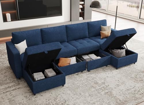 Belffin Fabric Modular Convertible Sectional Sofa U Shape Pull Out Couch with Ottomans 6 Piece Sofa Sectional Set Sleeper Couch with Double Reversible Chaises and Storage for Living Room Blue