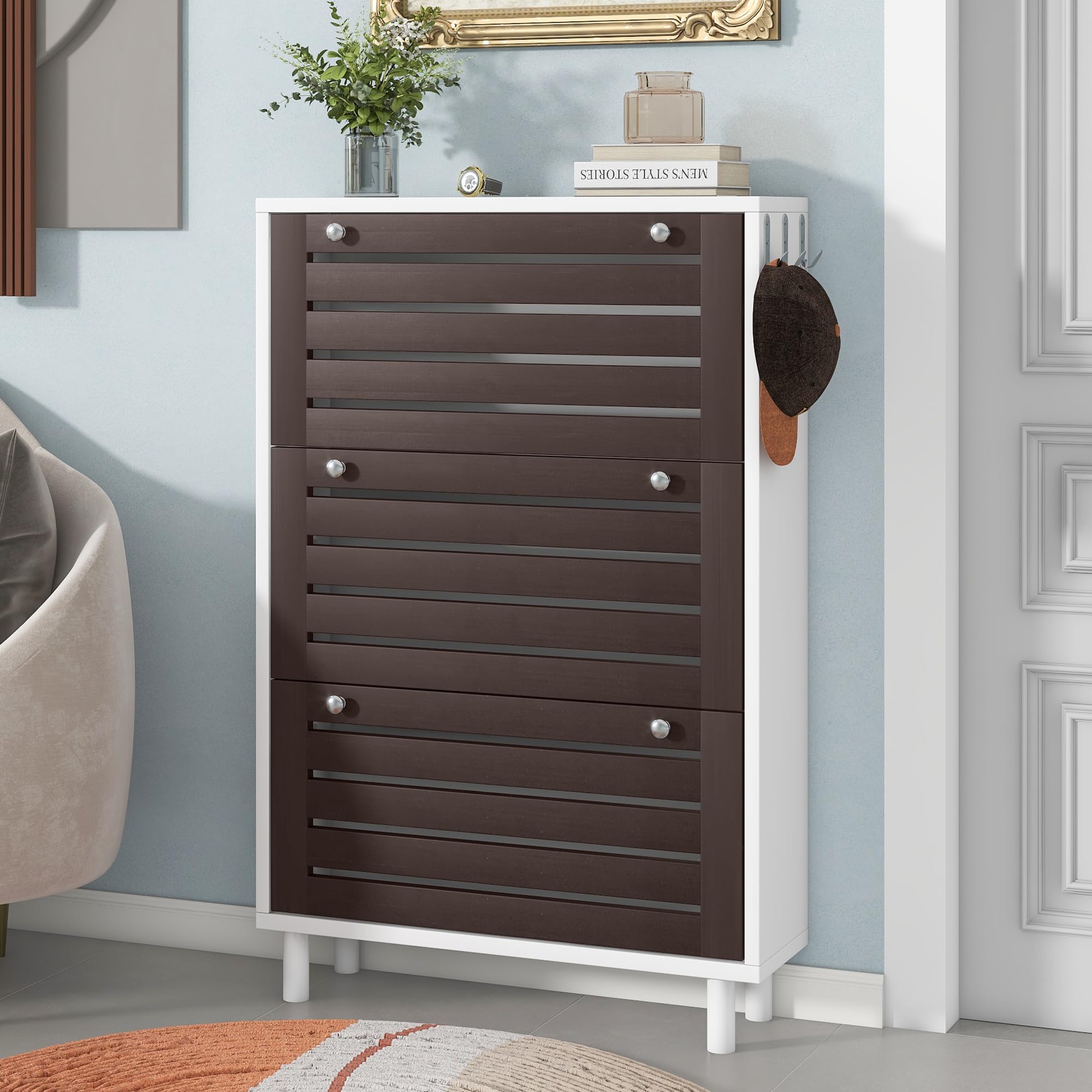 Goohome Sleek Design 24 Cubby Console Modern Mirror Organizer with 2 Tier & Doors, Shoe Cabinet for Entryway Home Hallway Apartment, Large, D- White
