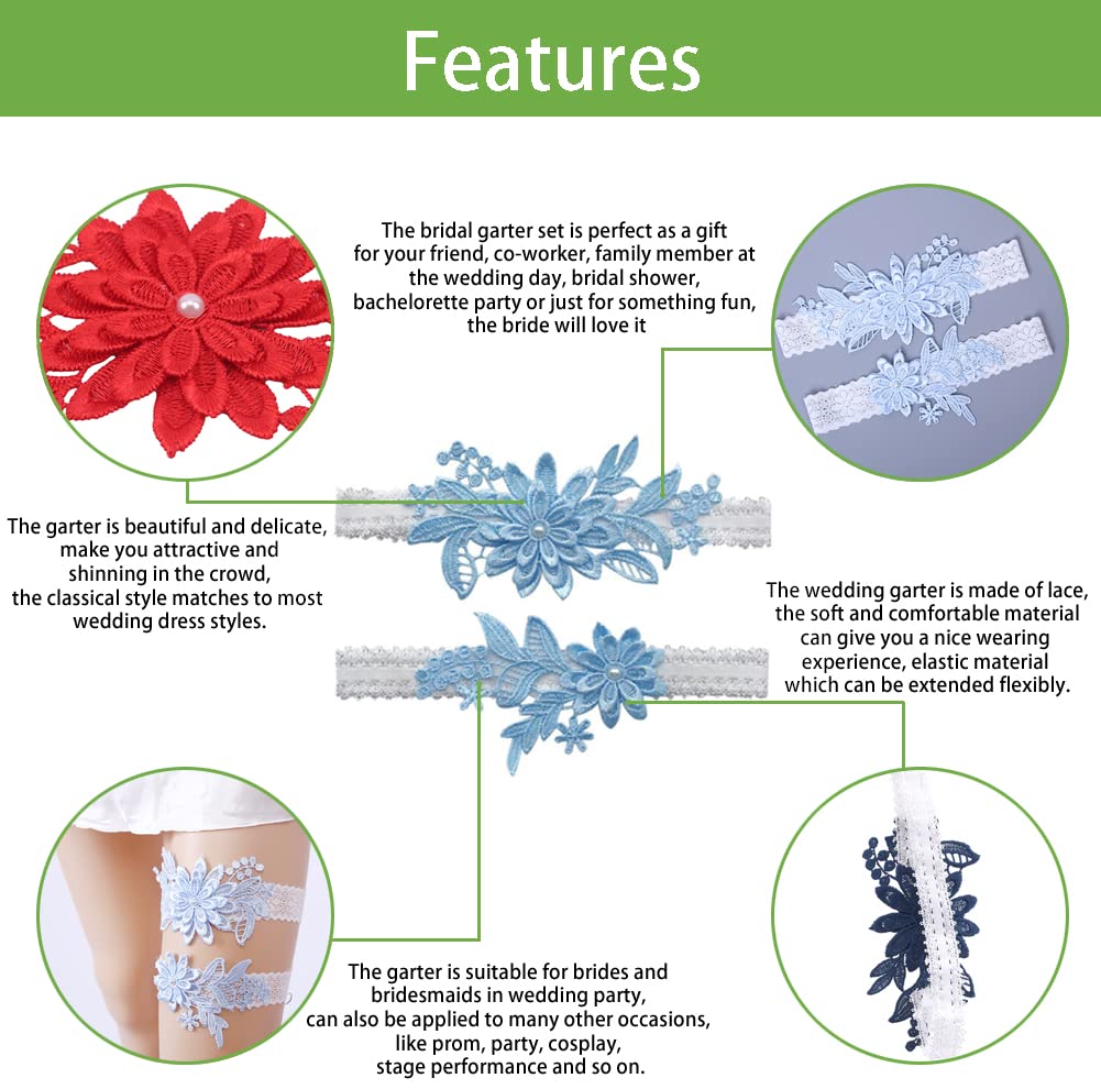 Wedding Garters for Bride Bridal Lace Garter Set Floral Leg Ring with Hand Sewn Faux Pearls (White)
