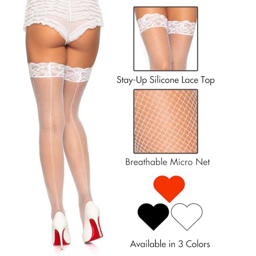 Leg Avenue Women's Fishnet Thigh High Stockings with Back Seam and Silicone Lace Top, White, One Size