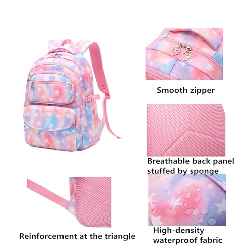 Star-Print School Backpack Set with Lunch Kits Bookbag for Teenager Girls 3pcs Gradient SchoolBag for Primary Student