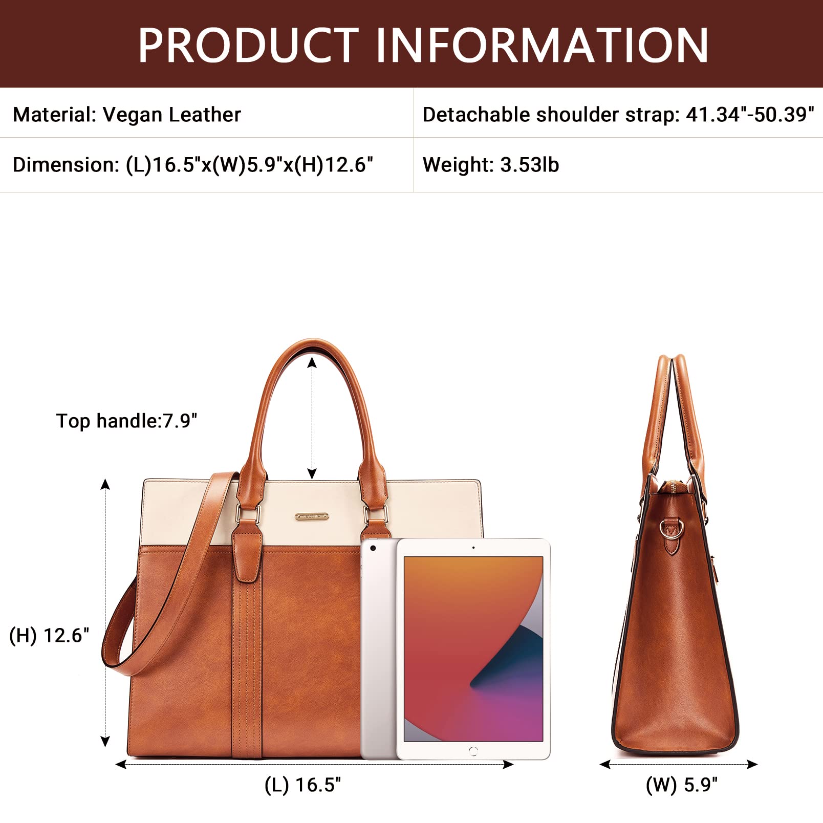 Telena Leather Briefcase for Women, 15.6 Inch Laptop Tote Bag Business Work Briefcase, Large Capacity Handbag Bag, Brown and Beige