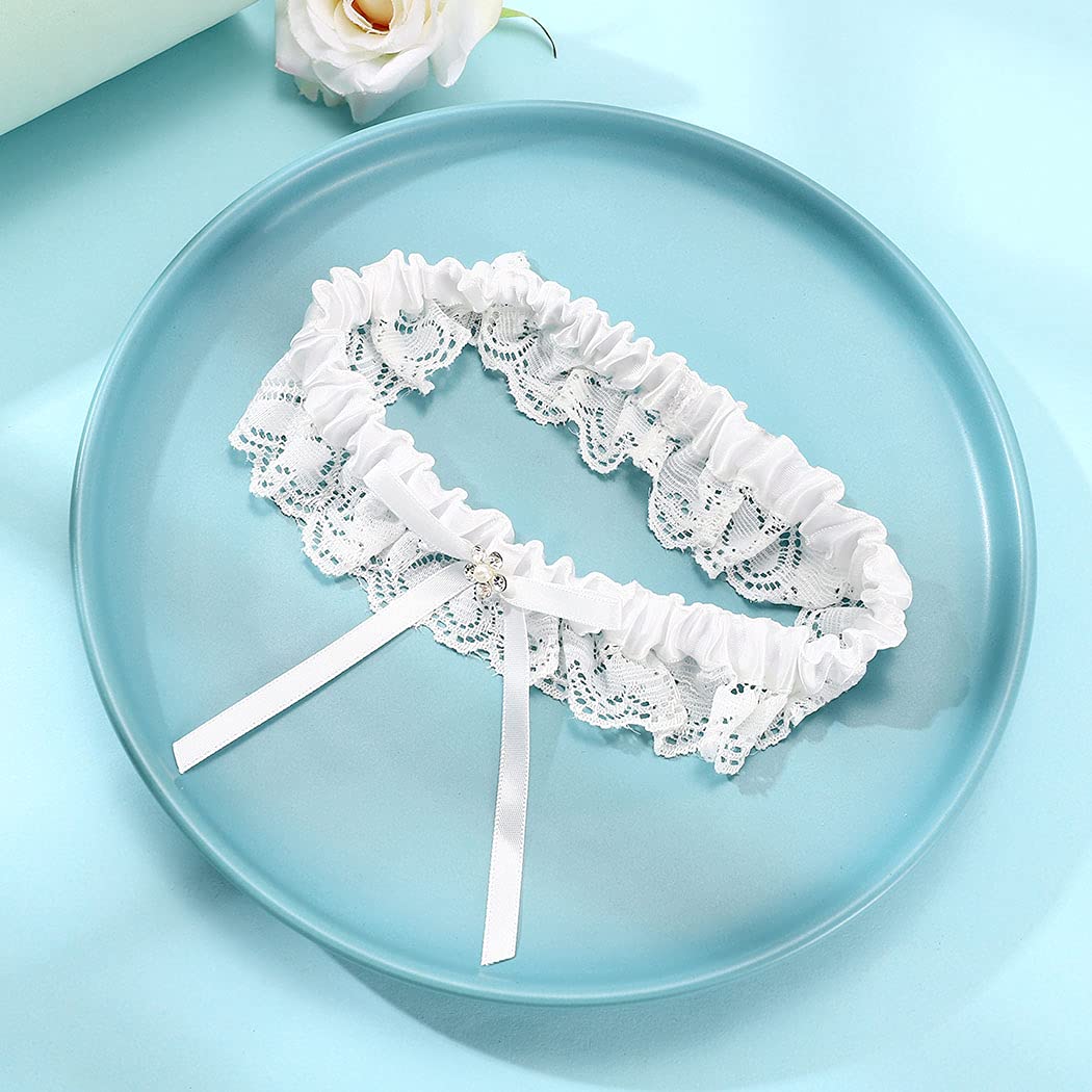 EVAZEN Bride Wedding Garter White Lace Floral Garters Bowknot Stretch Leg Garter Set Bridal Accessories for Women