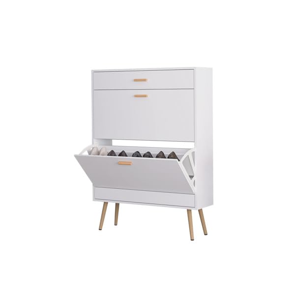 Shoe Cabinet,16 Pair Shoe Rack Storage Organizer with 2 Flip Drawers,White Entryway Shoe Storage Cabinet for Heels, Boots, Slippers (White) (White)