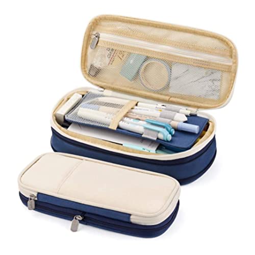 Eaarliyam Pencil Case,Expandable Pencil Case, Large Capacity Pencil Cases Pen Bag Pouch Holder School Stationery Organizer Makeup Cosmetic Bag,Navy+Beige Aesthetic Pencil Case
