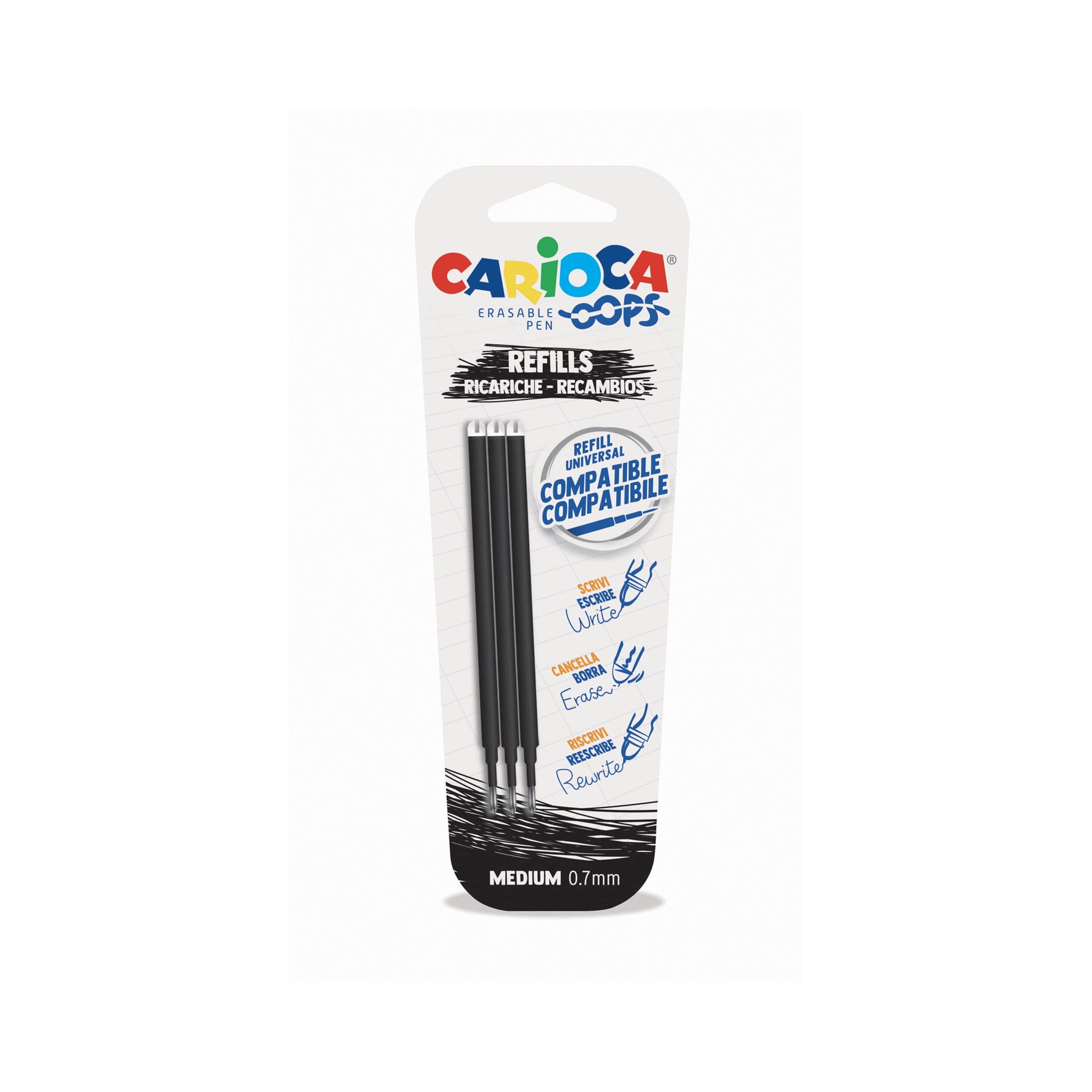 CARIOCA Oops Black Erasable Pen Refills Compatible with Thermosensitive Ink, 3 Pieces, Black