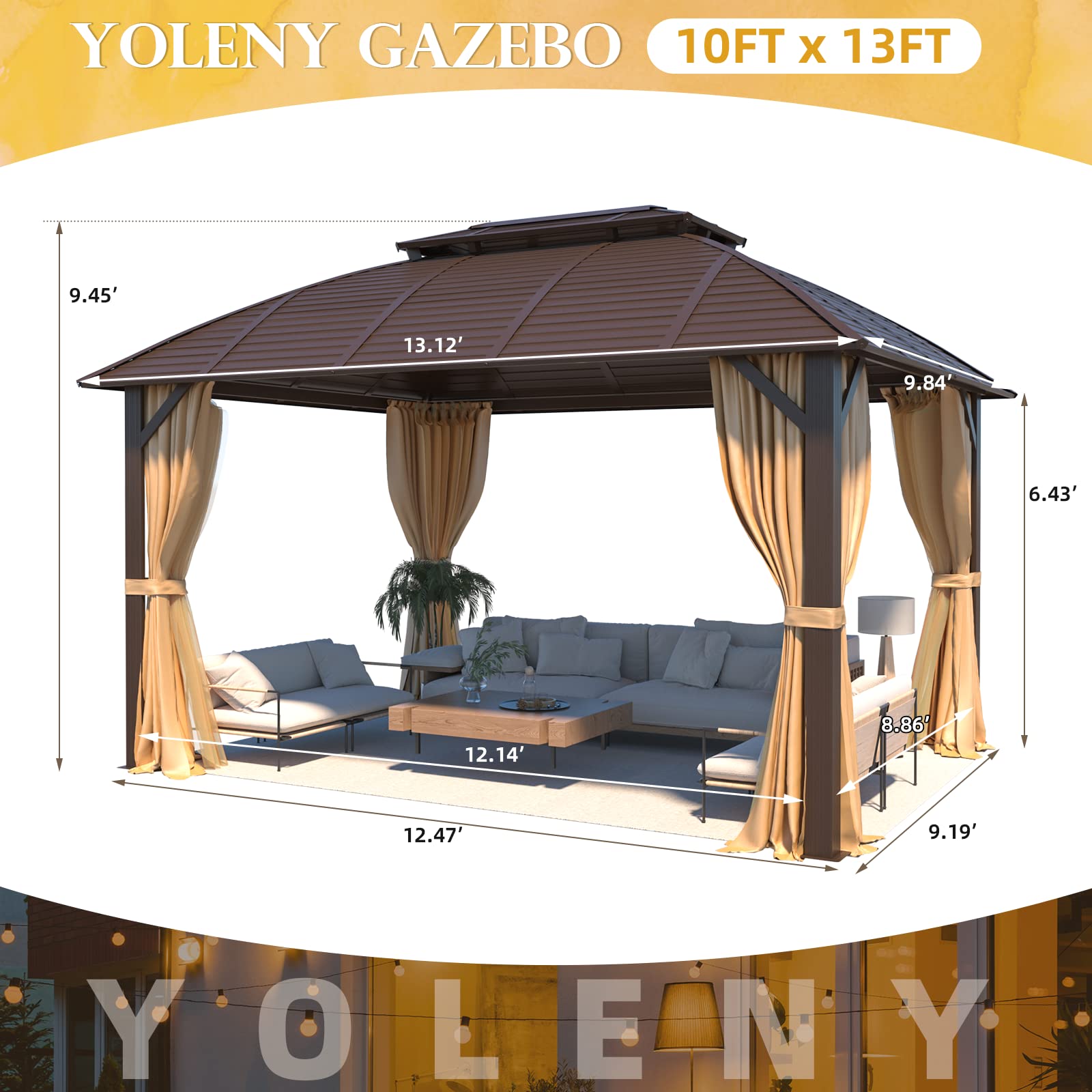 YOLENY 10'x13' Hardtop Gazebo with Galvanized Steel Arc Double Roof,Aluminum Frame Included, Outdoor Canopy Gazebos with Curtain&Netting, Sunshade for Gardens, Lawns, Deck