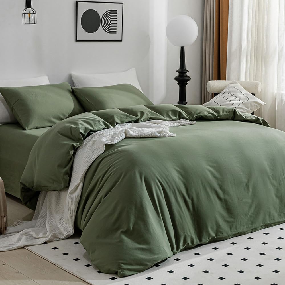 JELLYMONI Only 1 Piece Duvet Cover King Size - 100% Washed Cotton Linen Like Textured Comforter Cover, Breathable Soft Quilt Cover Without Pillowcases (Green, King 104"x90")