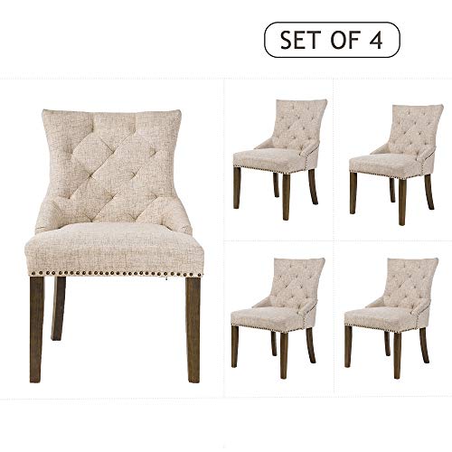 TARTOP Leisure Padded Upholstered Dining Chairs Armrest and Nailed Trim, (Set of 4),Beige
