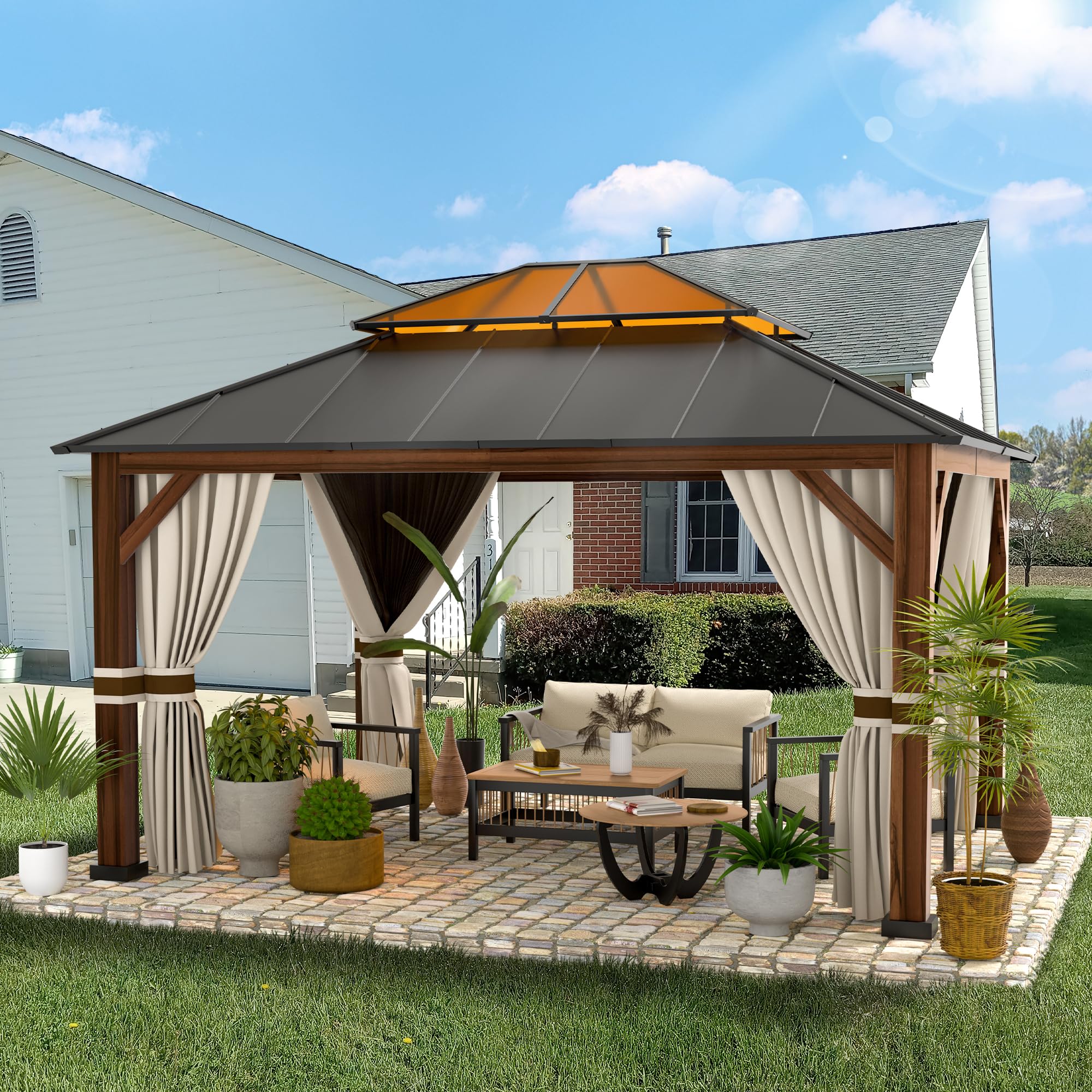 OLILAWN Gazebo 12x14, Hardtop Gazebo with Wood Finish Aluminum Frame, Galvanized Steel Double Top Gazebo with Ventilation, All-Weather Metal Gazebo with Netting and Curtains, for Patios Gardens Lawns