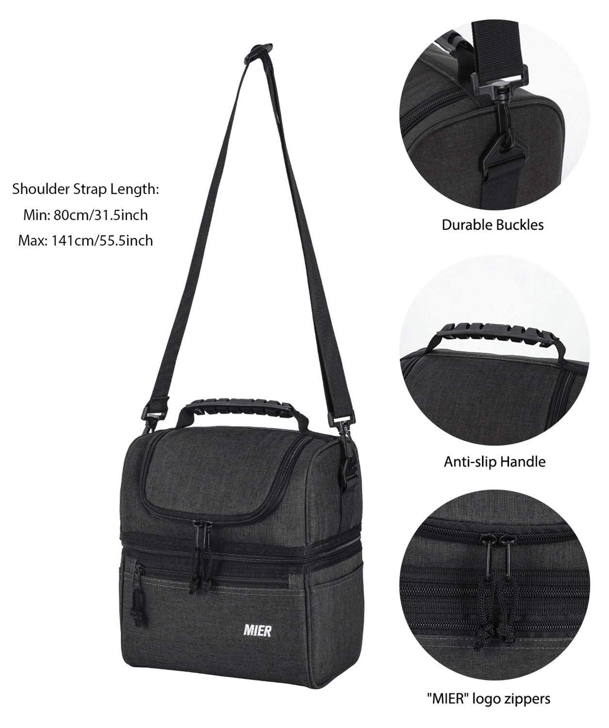 MIER Insulated Lunch Box 2 Compartment Lunch Bag and Expandable Lunch Pack for Men, Women, Black