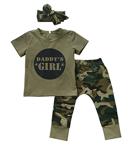 2 Styles Daddy’s Baby Boy Girl Camouflage Short Sleeve T-Shirt Tops+Green Long Pants Outfit Casual Outfit (18-24 Months, Baby Girl)