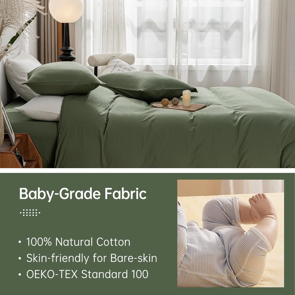 JELLYMONI Only 1 Piece Duvet Cover King Size - 100% Washed Cotton Linen Like Textured Comforter Cover, Breathable Soft Quilt Cover Without Pillowcases (Green, King 104"x90")