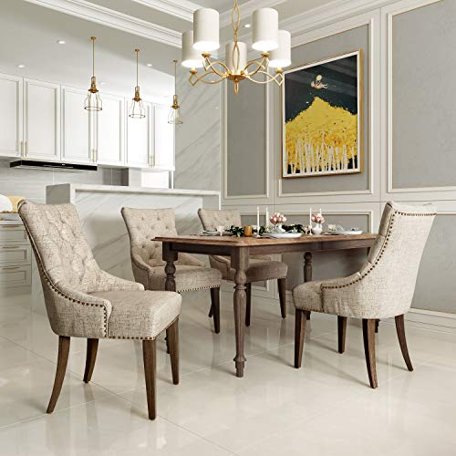 TARTOP Leisure Padded Upholstered Dining Chairs Armrest and Nailed Trim, (Set of 4),Beige