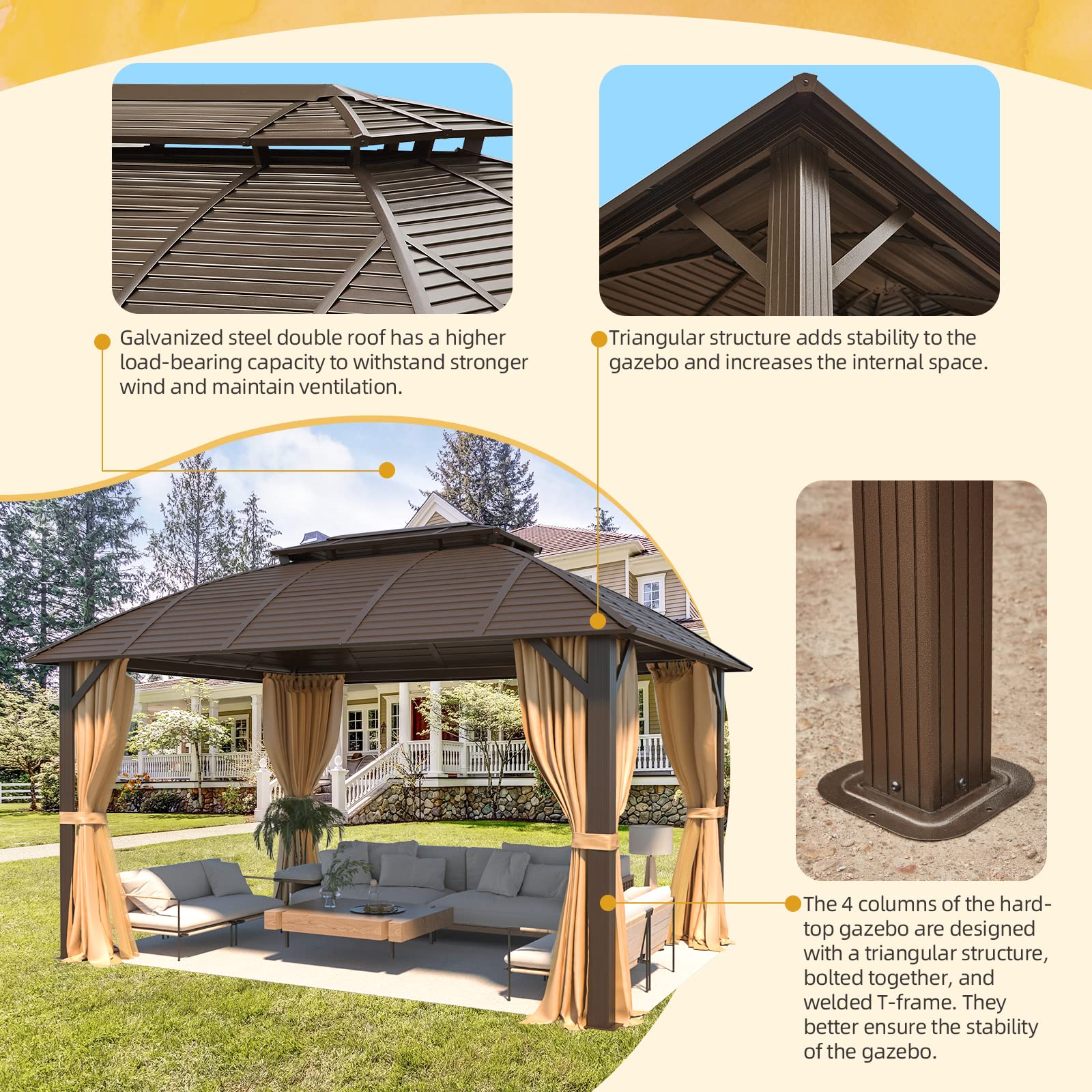 YOLENY 10'x13' Hardtop Gazebo with Galvanized Steel Arc Double Roof,Aluminum Frame Included, Outdoor Canopy Gazebos with Curtain&Netting, Sunshade for Gardens, Lawns, Deck