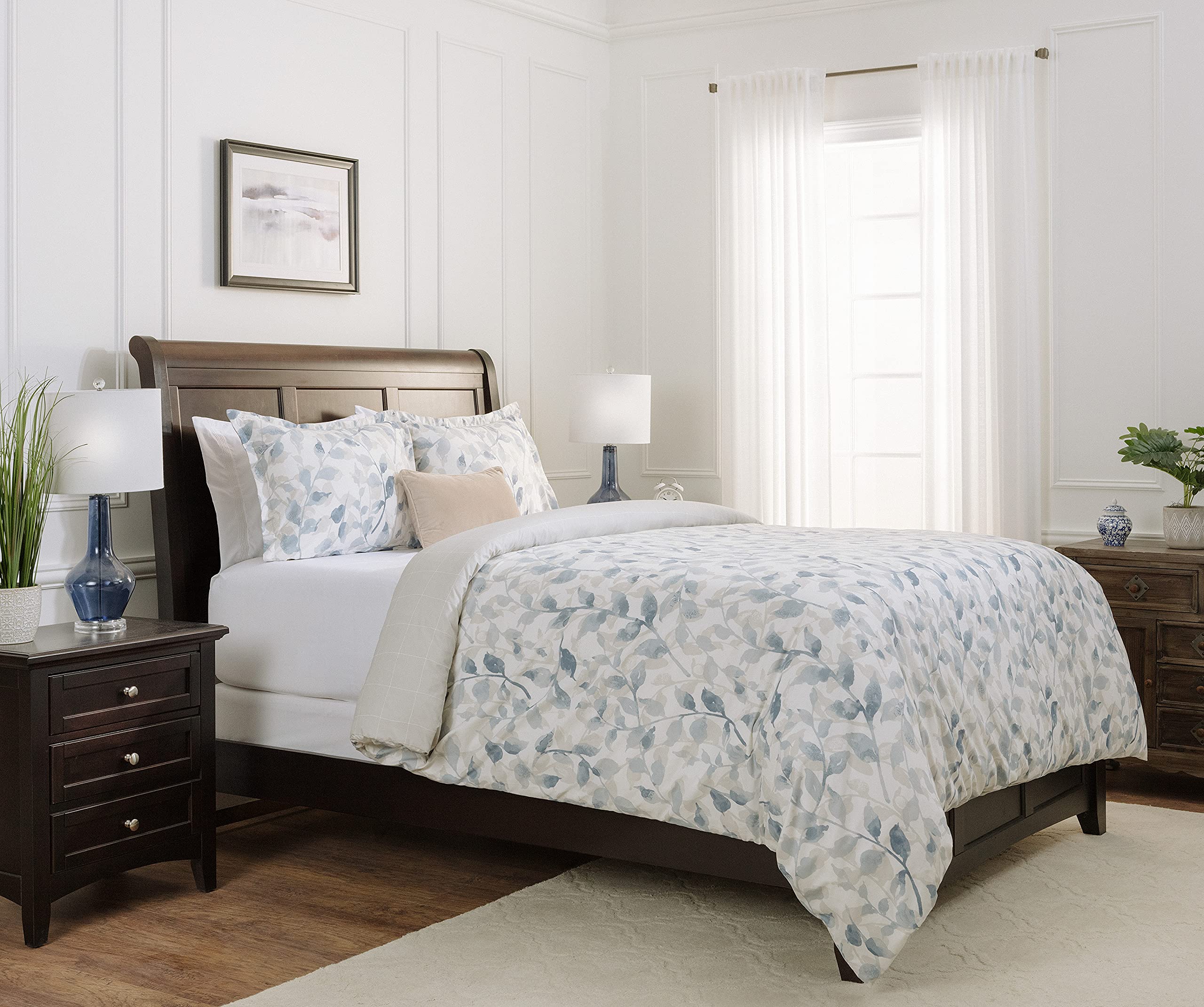 Chanasya Premium Layered Leaf Duvet Cover Set - Duvet Cover (90” x 90”) & 2 Pillow Shams (20” x 26”) - 3-Piece Set, Queen Size, Blue Taupe