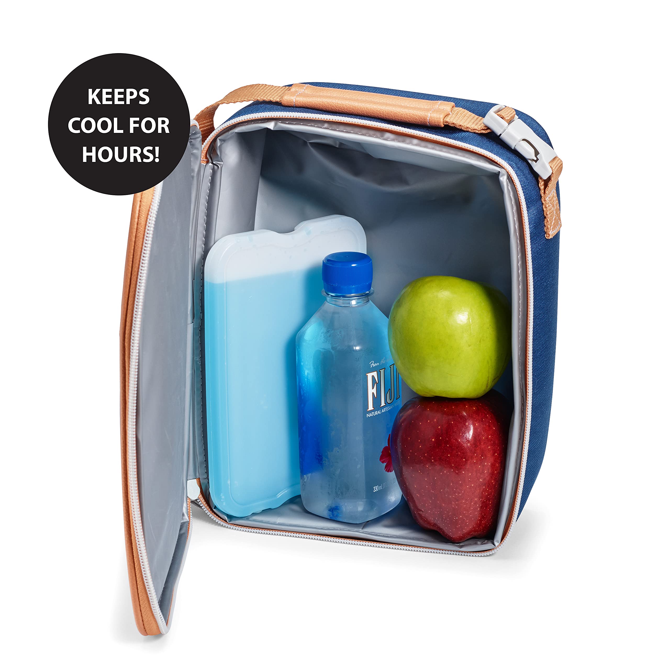 Carhartt Deluxe Dual Compartment Insulated Lunch Cooler Bag, Carhartt Brown & Fit & Fresh XL Cool Coolers Freezer Slim Ice Pack for Lunch Box, Set of 4, Xtra Large, Blue, 4 count (Pack of 1)