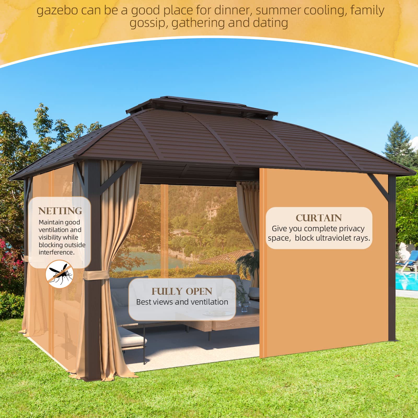 YOLENY 10'x13' Hardtop Gazebo with Galvanized Steel Arc Double Roof,Aluminum Frame Included, Outdoor Canopy Gazebos with Curtain&Netting, Sunshade for Gardens, Lawns, Deck