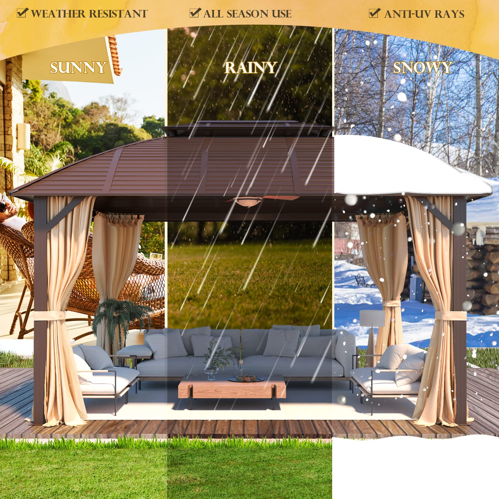 YOLENY 10'x13' Hardtop Gazebo with Galvanized Steel Arc Double Roof,Aluminum Frame Included, Outdoor Canopy Gazebos with Curtain&Netting, Sunshade for Gardens, Lawns, Deck