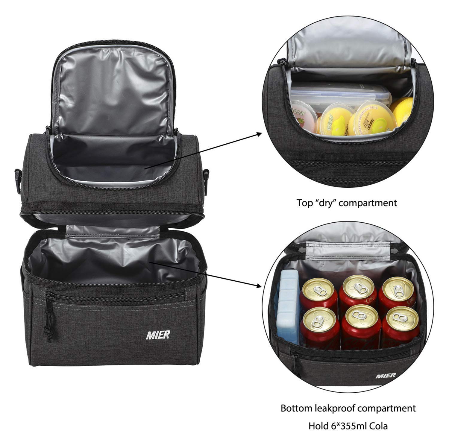 MIER Insulated Lunch Box 2 Compartment Lunch Bag and Expandable Lunch Pack for Men, Women, Black