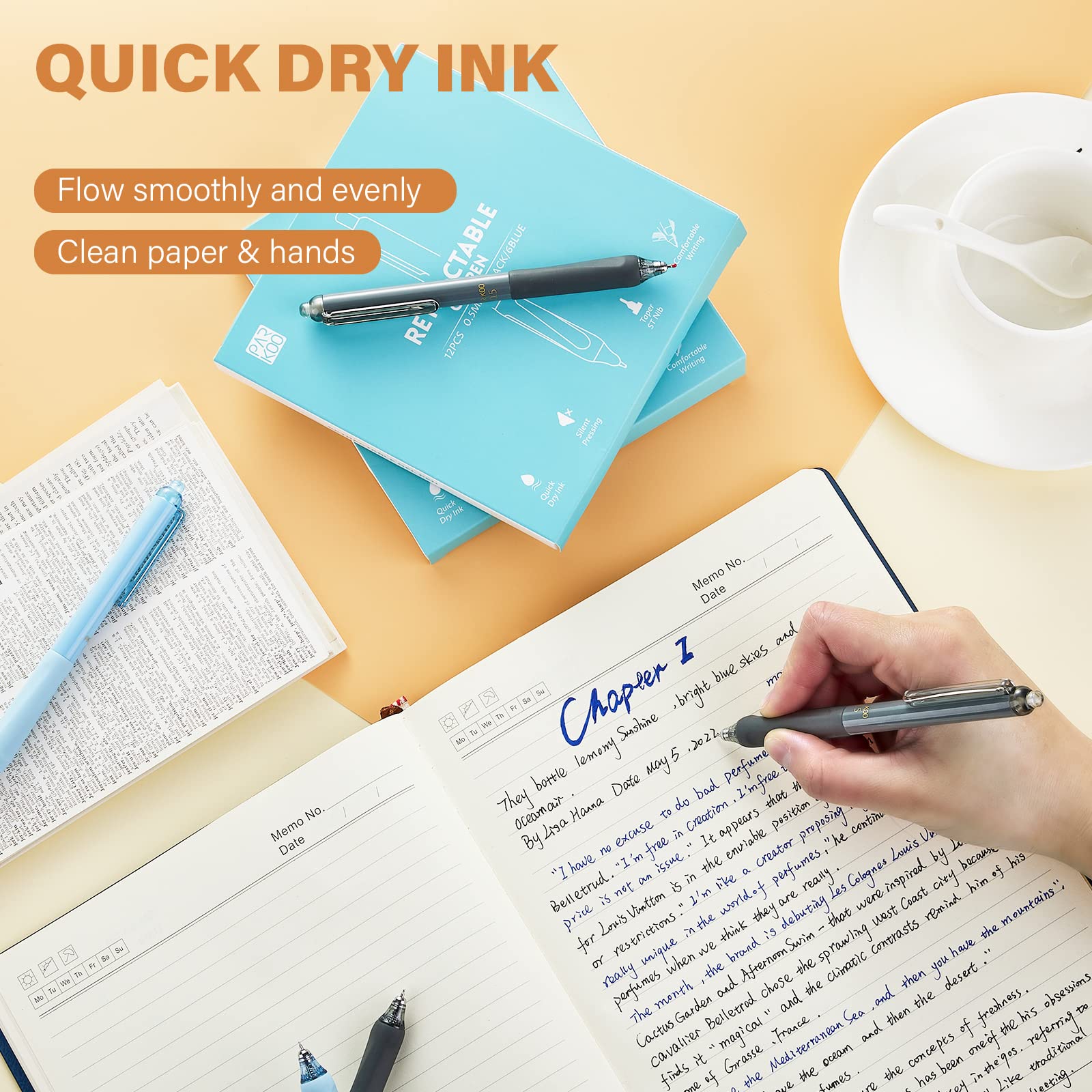 ParKoo Gel Pens Quick Dry Ink Fine Point 0.5mm, Retractable Rolling Ball Black Ink, Click Silent Pens Set for Journaling Notetaking Drawing Sketching Smooth Writing Non Bleed 12pcs