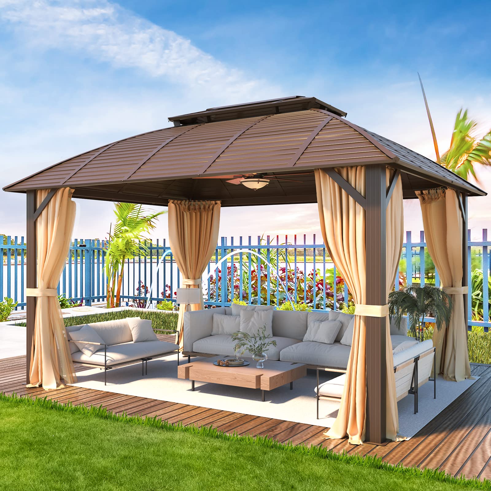YOLENY 10'x13' Hardtop Gazebo with Galvanized Steel Arc Double Roof,Aluminum Frame Included, Outdoor Canopy Gazebos with Curtain&Netting, Sunshade for Gardens, Lawns, Deck