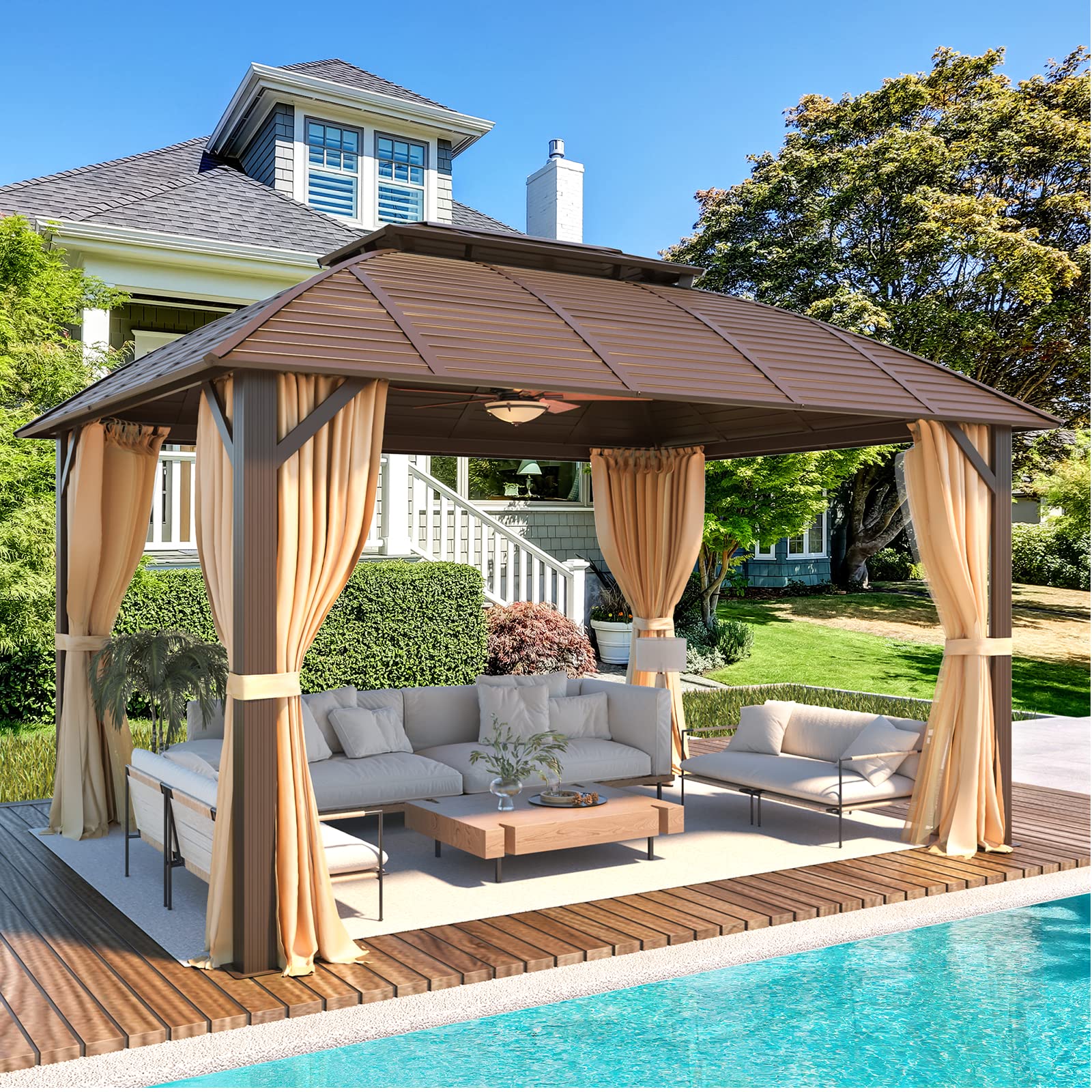 YOLENY 10'x13' Hardtop Gazebo with Galvanized Steel Arc Double Roof,Aluminum Frame Included, Outdoor Canopy Gazebos with Curtain&Netting, Sunshade for Gardens, Lawns, Deck
