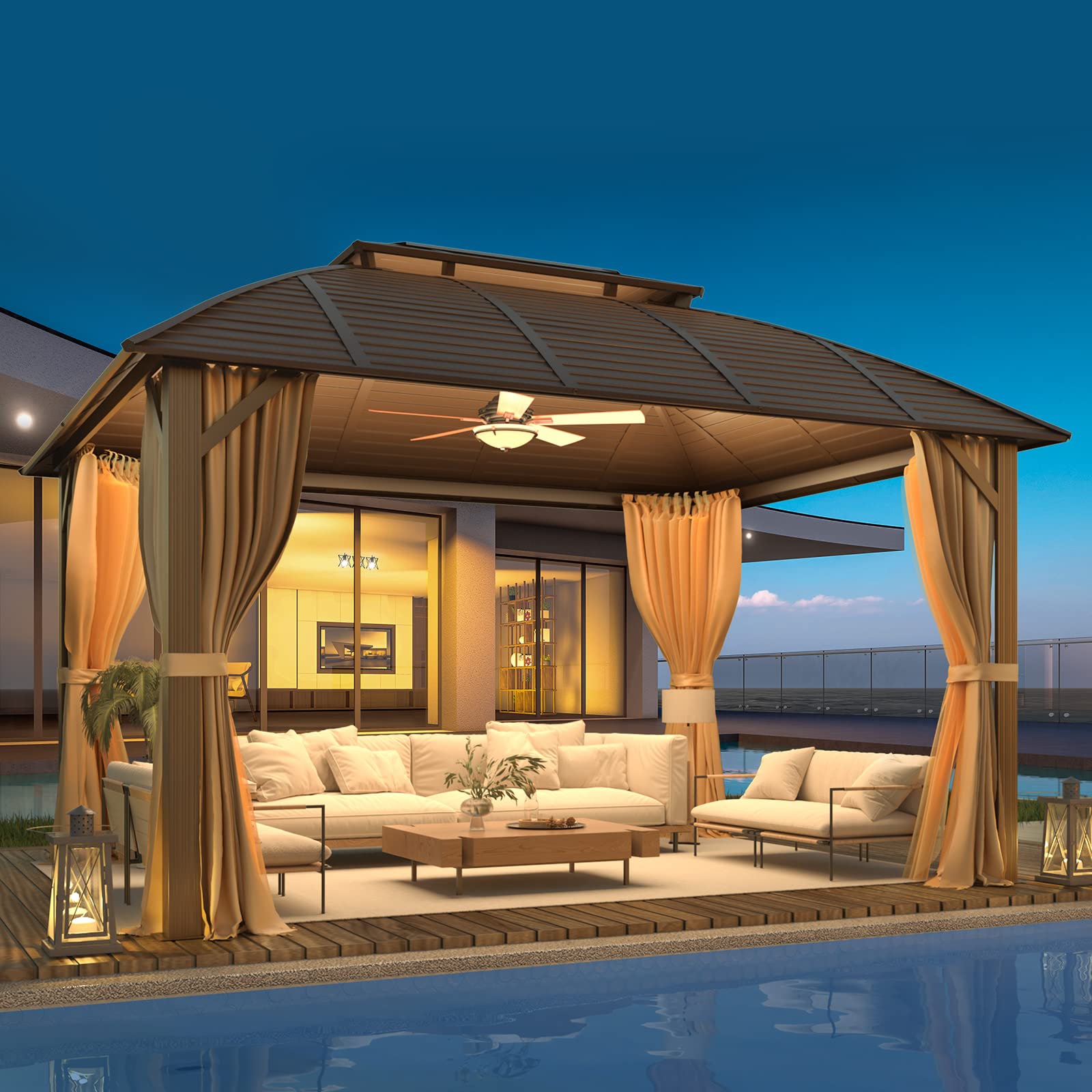 YOLENY 10'x13' Hardtop Gazebo with Galvanized Steel Arc Double Roof,Aluminum Frame Included, Outdoor Canopy Gazebos with Curtain&Netting, Sunshade for Gardens, Lawns, Deck