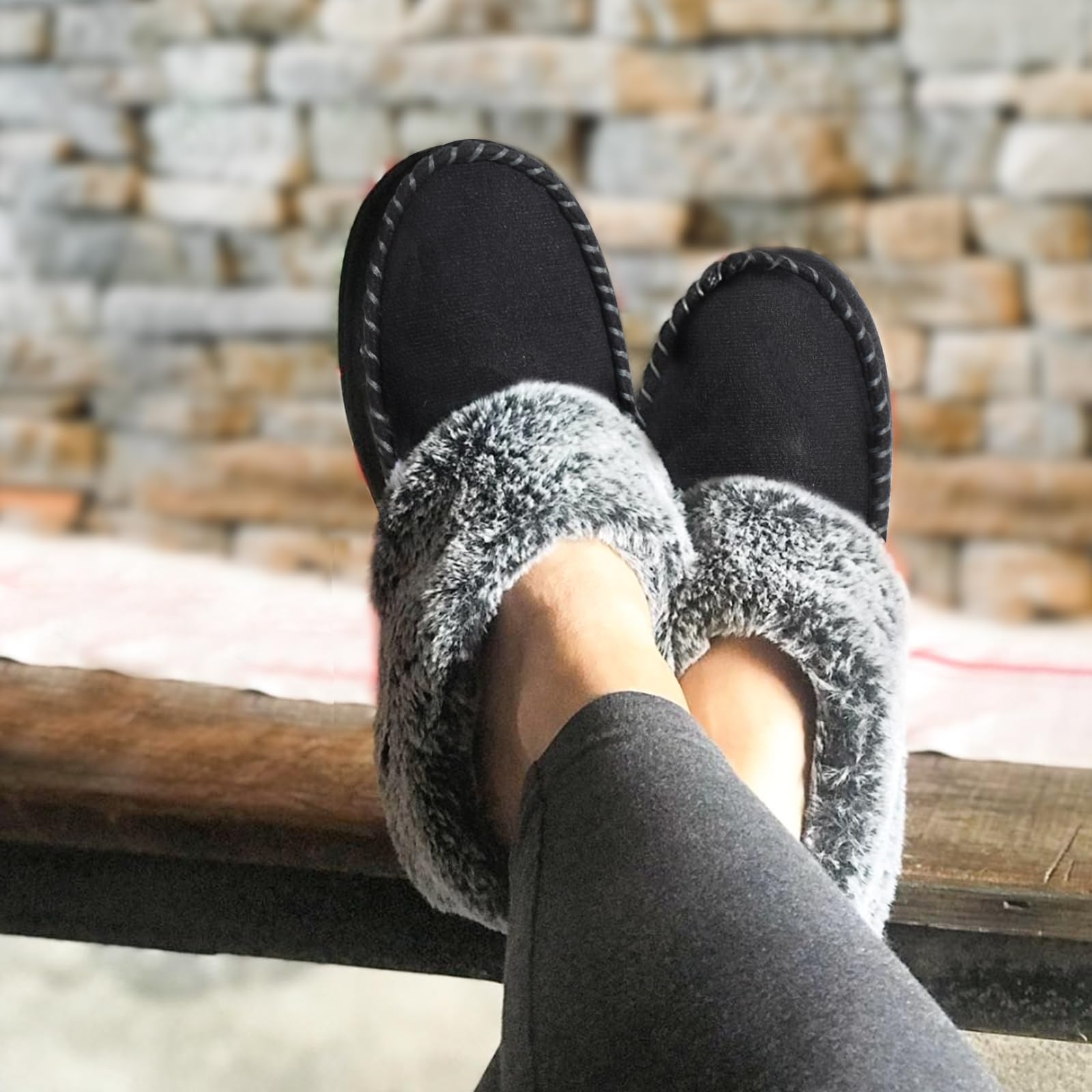 ULTRAIDEAS Women's Memory Foam House Slippers with Hard Bottom, Fur Lined House Shoes with Non-Slip Rubber Sole for Indoor & Outdoor (Black, 7-8)