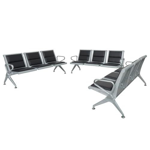 JSUN7 3 Seat Airport Reception Chair, Waiting Room Chairs with Arm, Black Leather Waiting Room Benches, Office Guest Chairs for Lobby Airport Salon Barber Shop Bank and Market, Set of 3