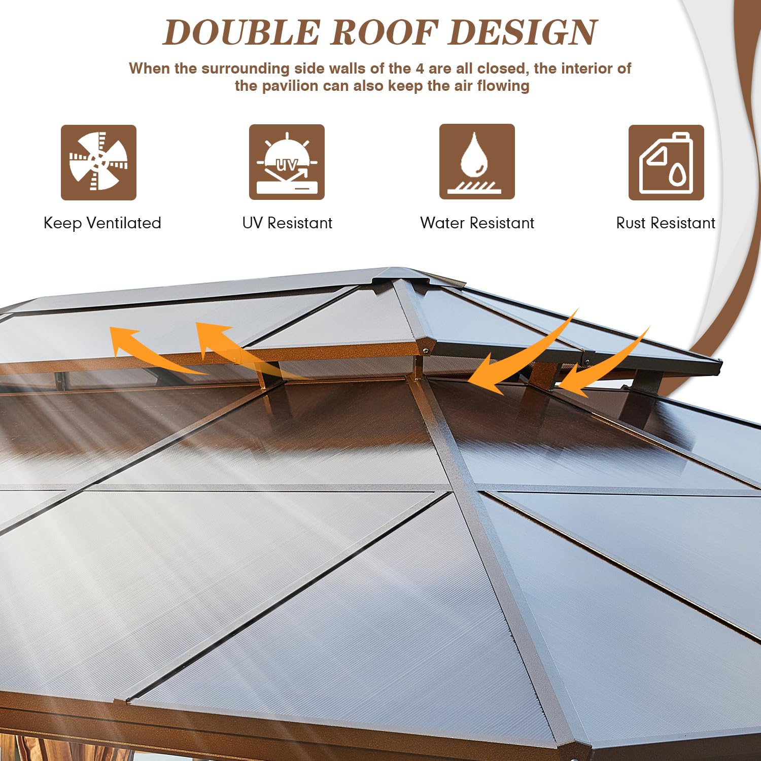 EROMMY 12' x 16' Gazebo Polycarbonate Double Roof Canopy Outdoor Aluminum Frame Pergola, Permanent Pavilion with Netting and Curtains for Garden Patio Lawns Parties