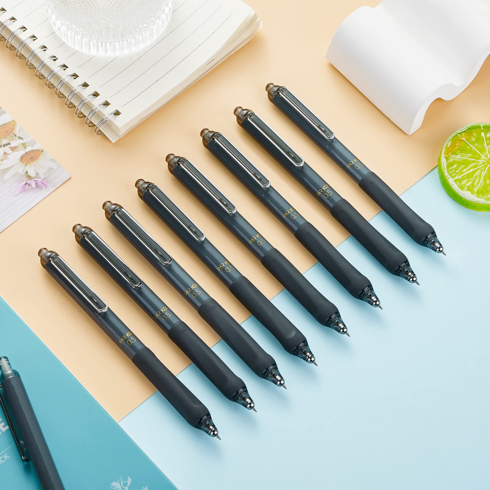 ParKoo Gel Pens Quick Dry Ink Fine Point 0.5mm, Retractable Rolling Ball Black Ink, Click Silent Pens Set for Journaling Notetaking Drawing Sketching Smooth Writing Non Bleed 12pcs