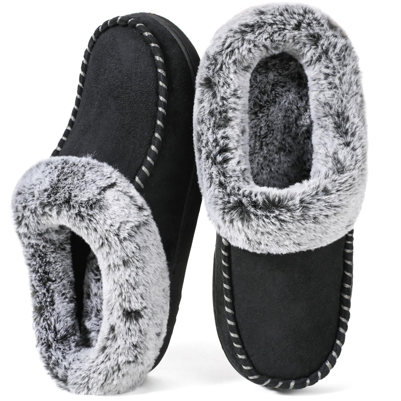 ULTRAIDEAS Women's Memory Foam House Slippers with Hard Bottom, Fur Lined House Shoes with Non-Slip Rubber Sole for Indoor & Outdoor (Black, 7-8)