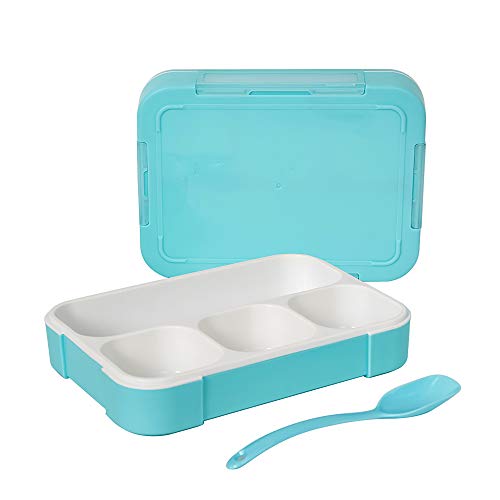 Dporticus 2 Pack Plastic Portable 4 Compartments Leak-proof Bento Lunch Box with Spoon for Adults BPA Free Microwave Safe,Blue