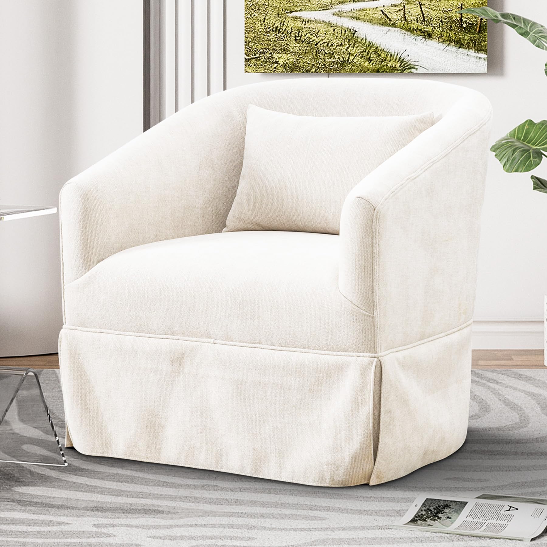 Nolohoo Swivel Accent Chair, Comfy Barrel Swivel Chairs with Skirt Padded Cushion, 360°Modern Upholstered Chenille Small Reading Armchair for Living Room Nursery Bedroom Lounge, Cream White