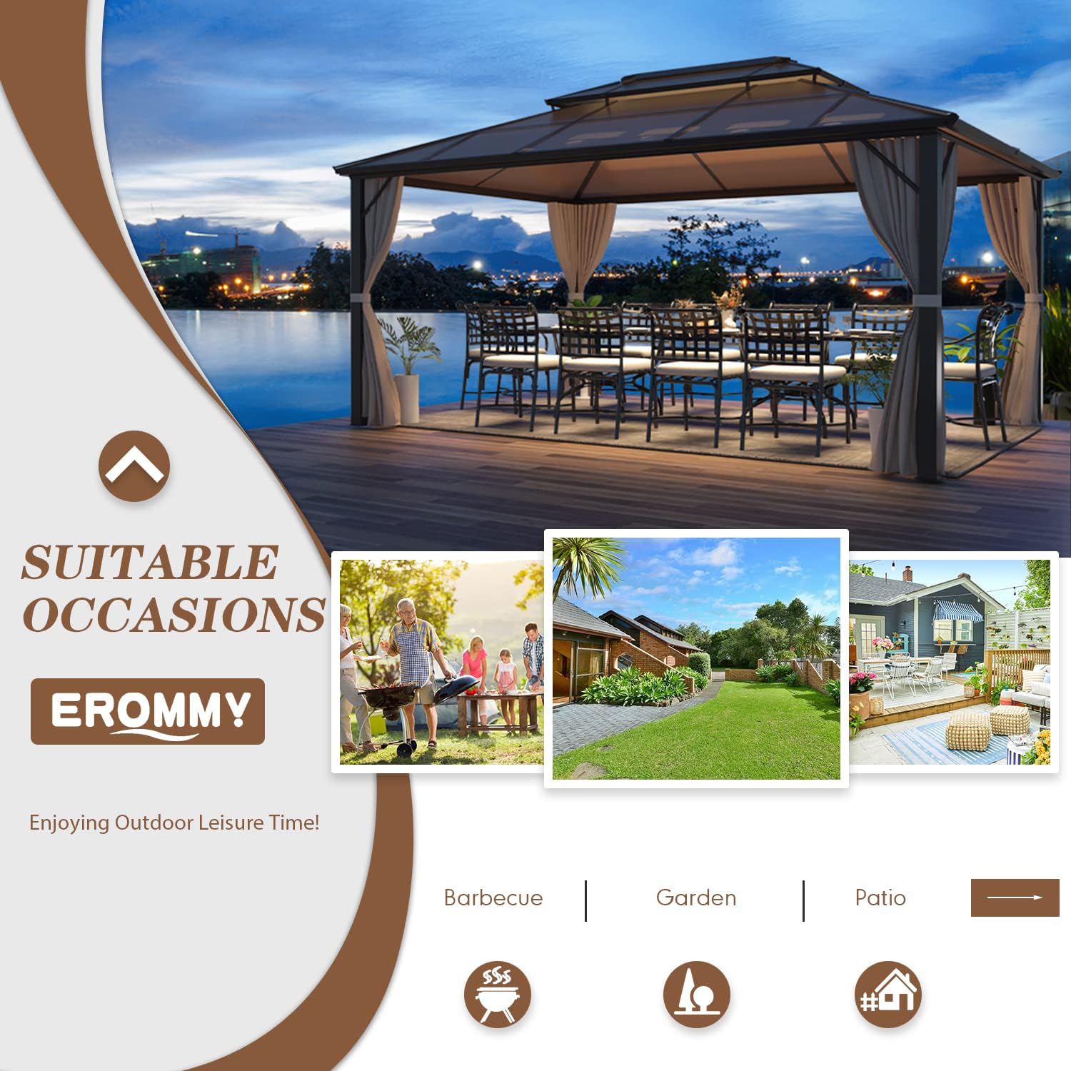 EROMMY 12' x 16' Gazebo Polycarbonate Double Roof Canopy Outdoor Aluminum Frame Pergola, Permanent Pavilion with Netting and Curtains for Garden Patio Lawns Parties
